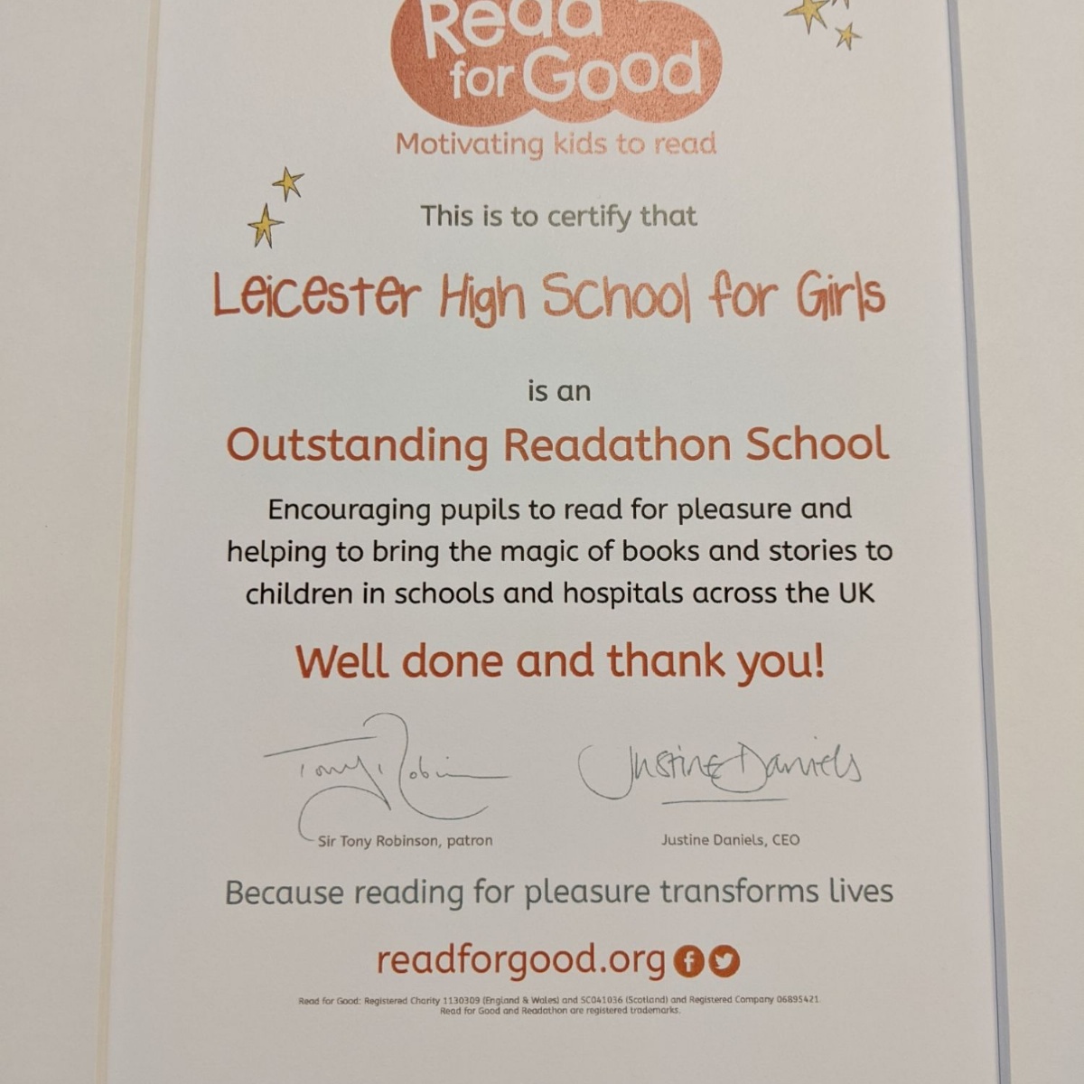 'Incredible Achievement' Read for Good 6.1.2020 - Leicester High School ...